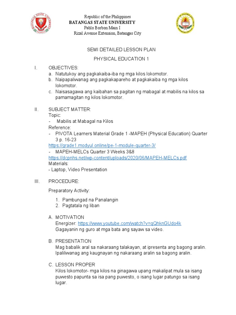 Elementary (Pe) Lesson Plan | PDF