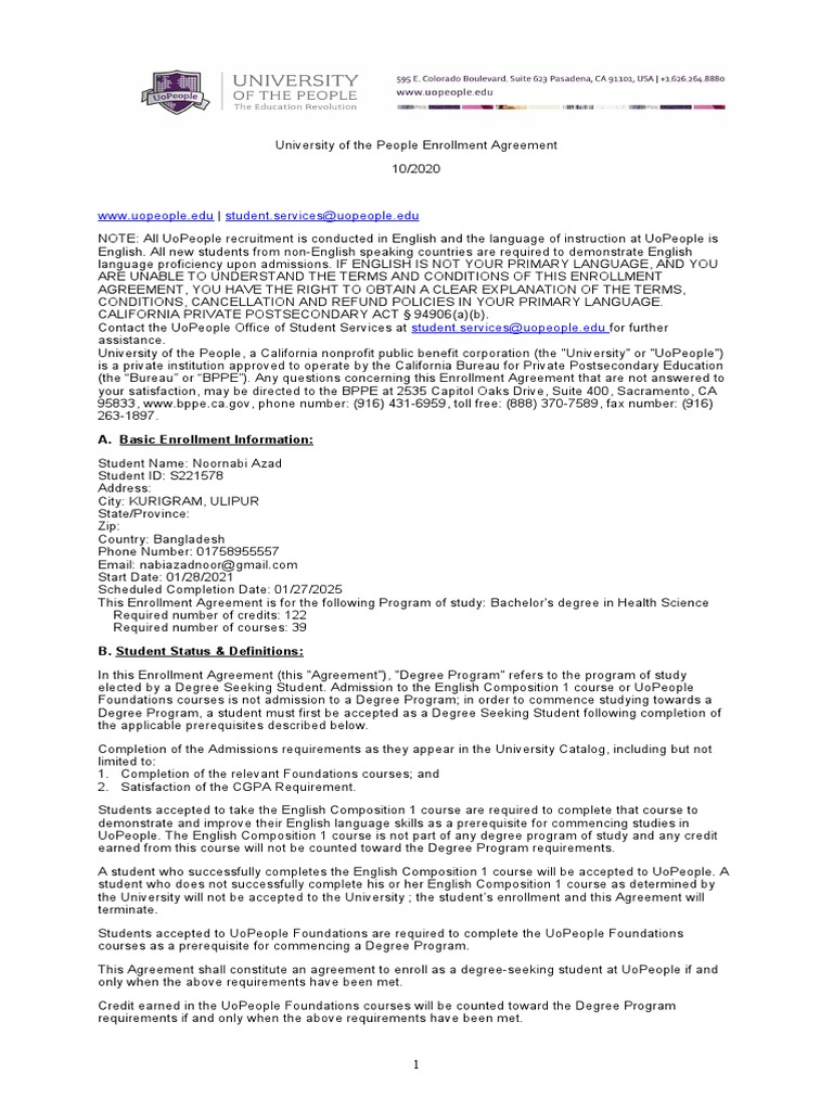 Enrollment Agreement | PDF | Fee | Academic Degree