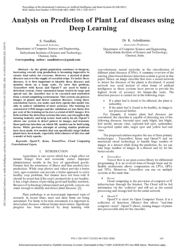 Analysis On Prediction of Plant Leaf Diseases Using Deep Learning | Download Free PDF | Deep ...