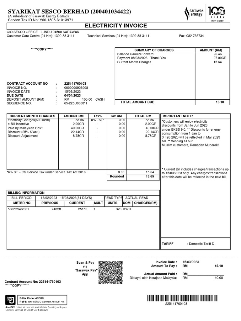 SYARIKAT SESCO BERHAD (200401034422) : Electricity Invoice | PDF ...