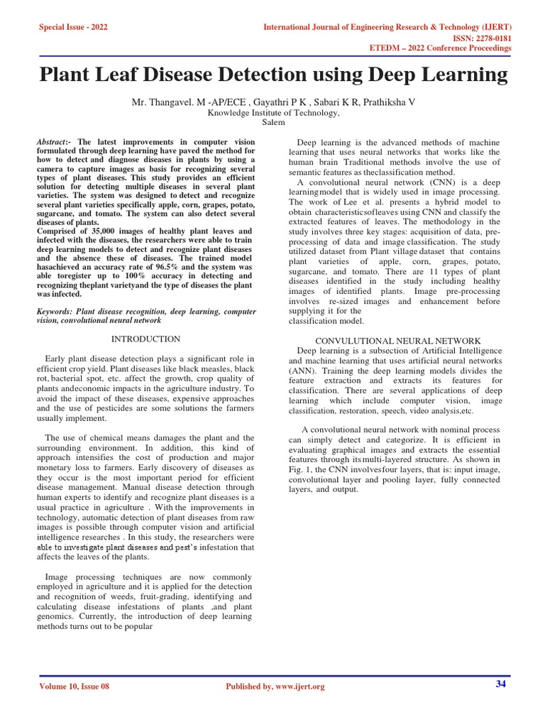 Plant Leaf Disease Detection Using Deep Learning: Mr. Thangavel. M - AP ...