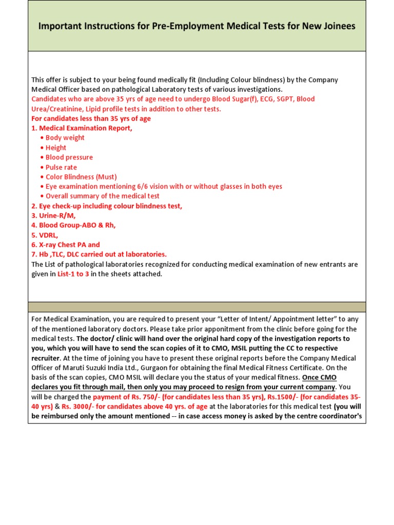 Important Instructions For Pre-Employment Medical Test | PDF | Physical ...