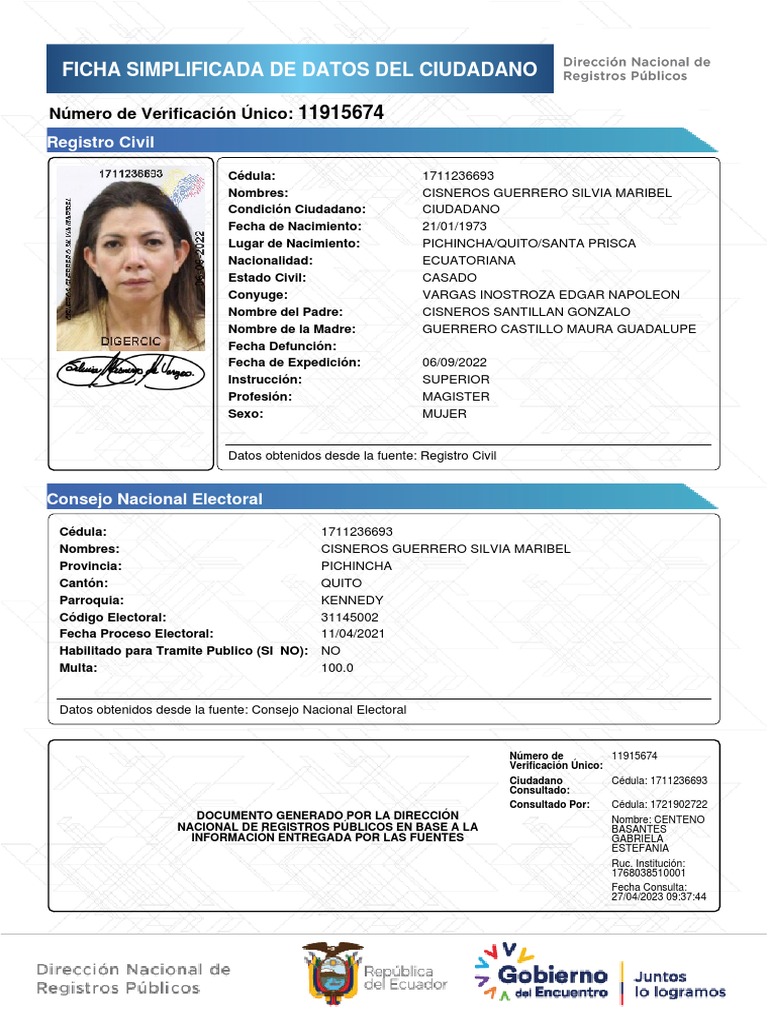 Ficha Simplificada de Datos Del Ciudadano: Registro Civil | PDF | Gobierno y personalidad