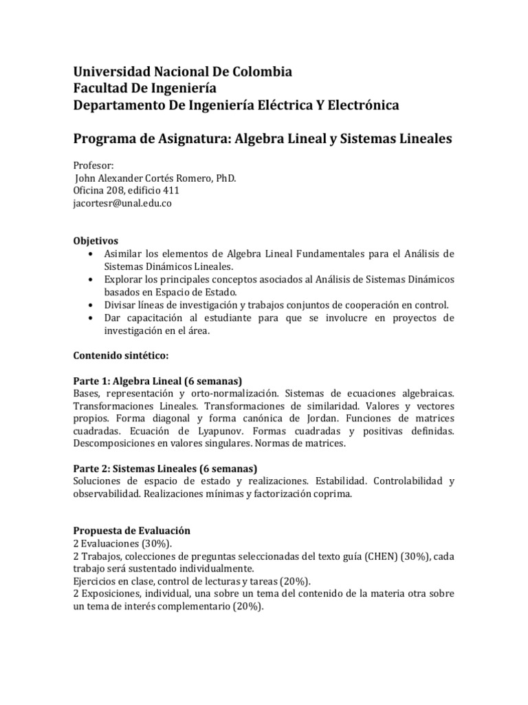 Algebra Lineal y Sistemas Lineales - Programa - John4 | PDF | Álgebra ...