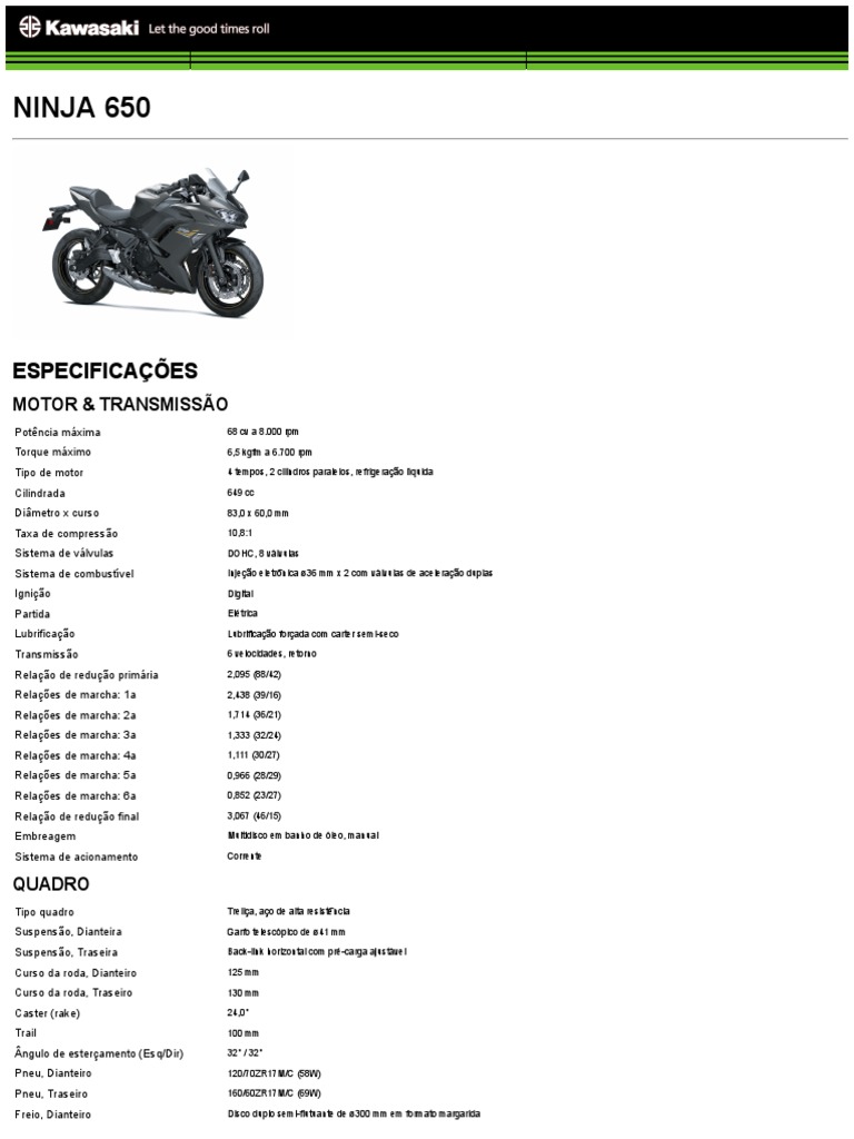 SpecSheet - 2024 Ninja 650 | PDF | Motores | Pistão