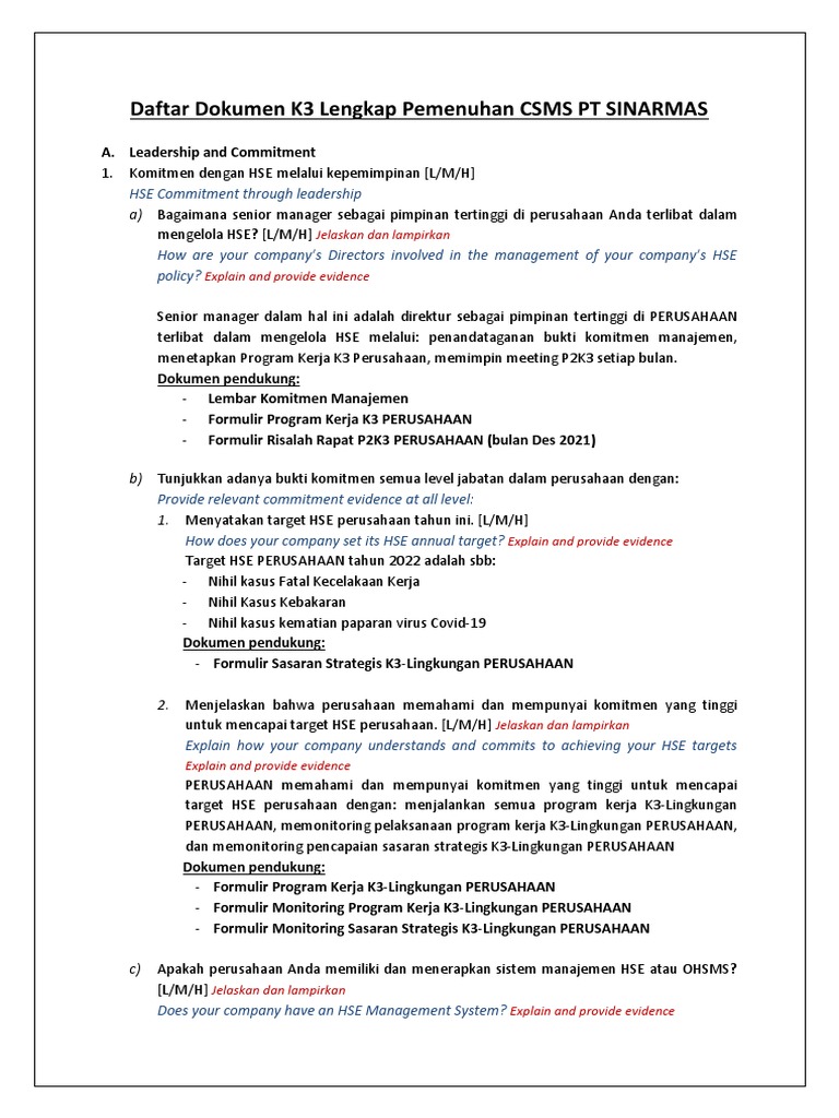 Daftar Dokumen K3 Lengkap Pemenuhan CSMS PT SINARMAS: A. Leadership and ...