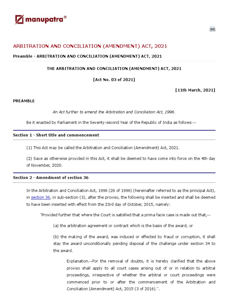Arbitration and Conciliation (Amendment) Act, 2021 | PDF | Arbitration | Common Law