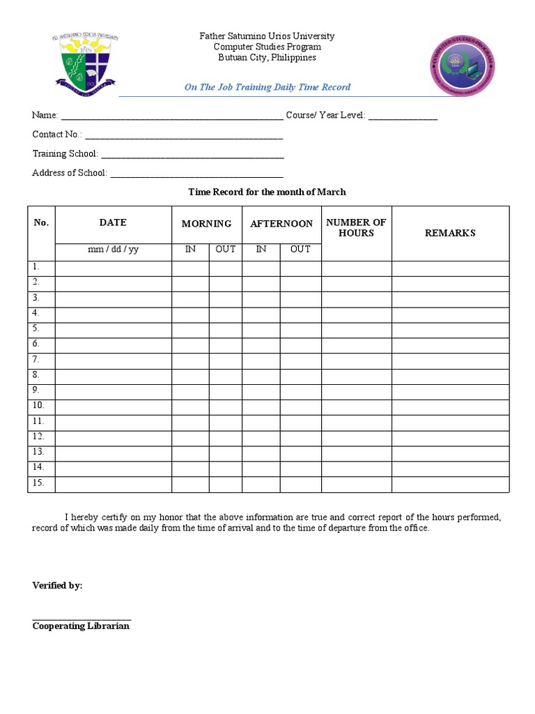 OJT Daily Time Record Template | PDF