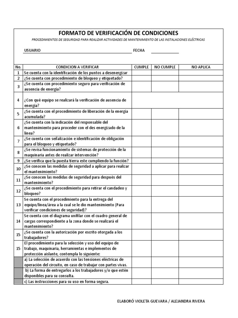 Formato de Verificación de Condiciones Mantenimiento Instalaciones Electricas | PDF | Bienes ...