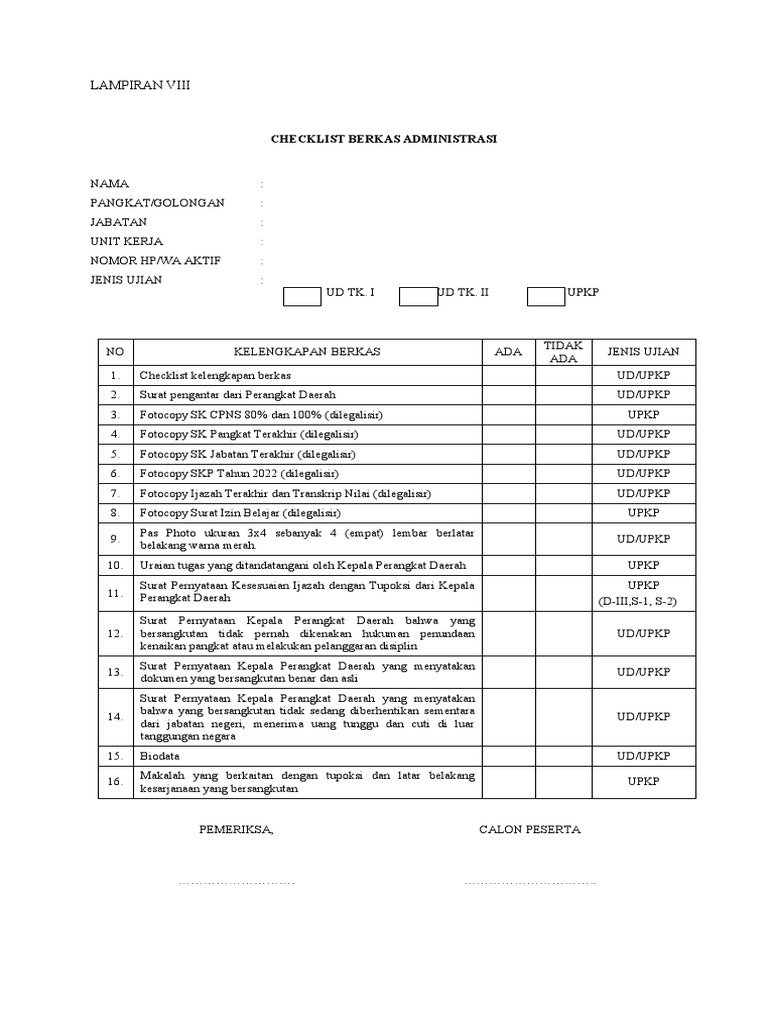 Lampiran Viii Ceklis Berkas | PDF