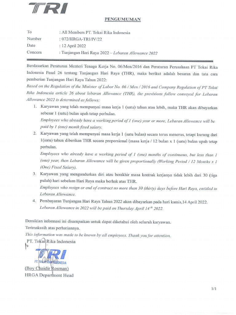 Pengumuman Pembayaran THR 2022 | PDF