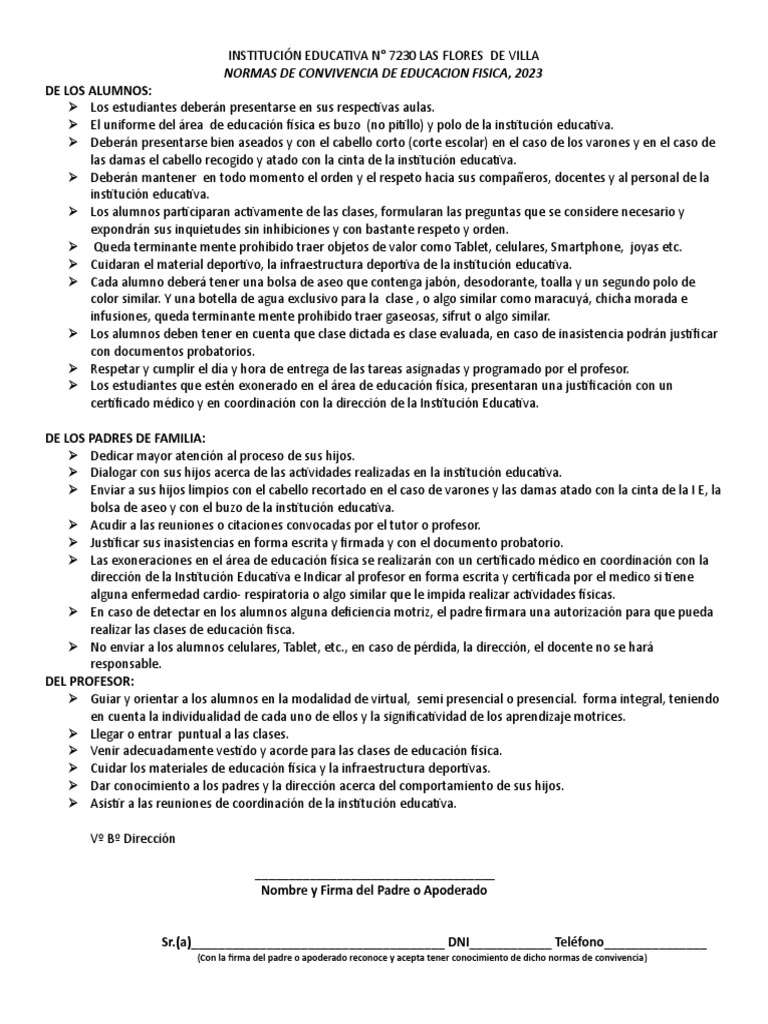 Normas de Convivencia de de Educacion Fisica | PDF | Aprendizaje