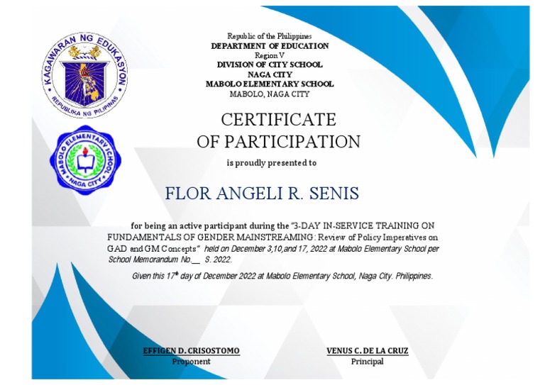 Certificate of Participation for Flor Angeli R. Senis' Active ...