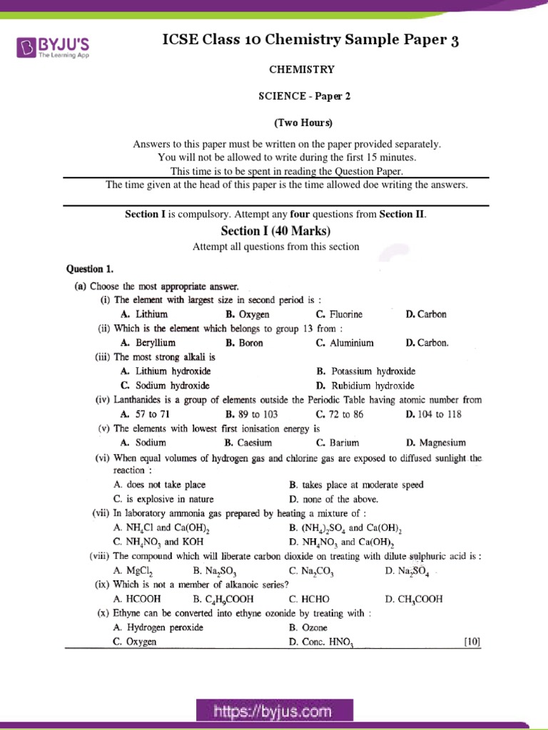 ICSE Class 10 Chemistry Sample Paper 3 | PDF ICSE Class 10 Chemistry Sample Paper 3 | PDF
