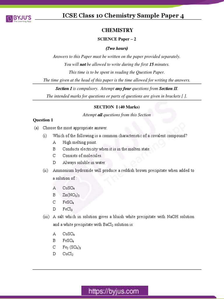ICSE Class 10 Chemistry Sample Paper 4 | PDF | Acid | Hydroxide ICSE Class 10 Chemistry Sample Paper 4 | PDF | Acid | Hydroxide