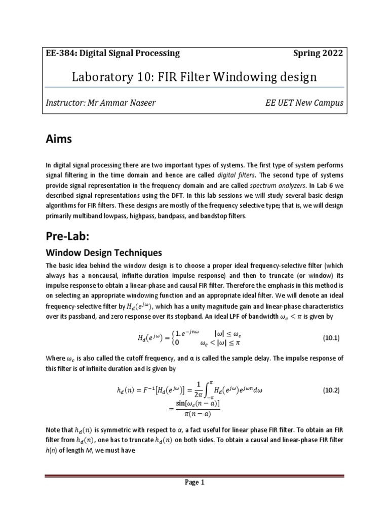Lab 10 FIR Filter Windowing Design | PDF | Low Pass Filter | Filter (Signal Processing)
