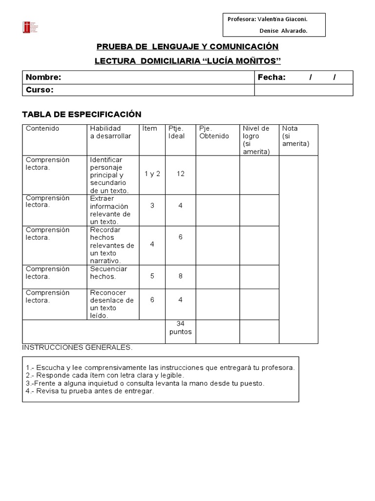 Prueba de Lenguaje y Comunicación | PDF