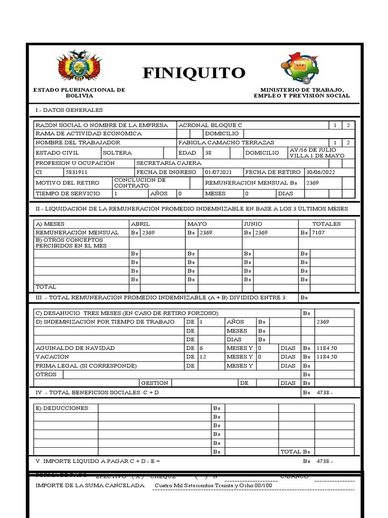 Finiquito Laboral Fabiola Camacho | PDF | Justicia | Crimen y violencia