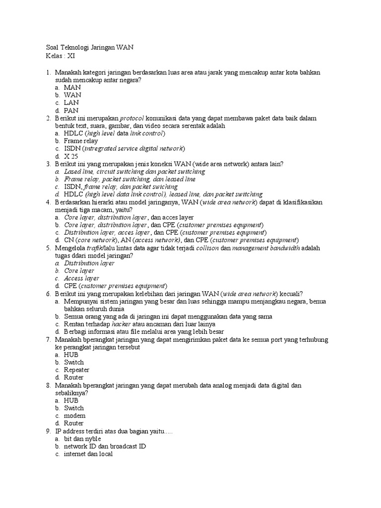 SOAL PG Dan Esay XI TKJ - WAN New | PDF