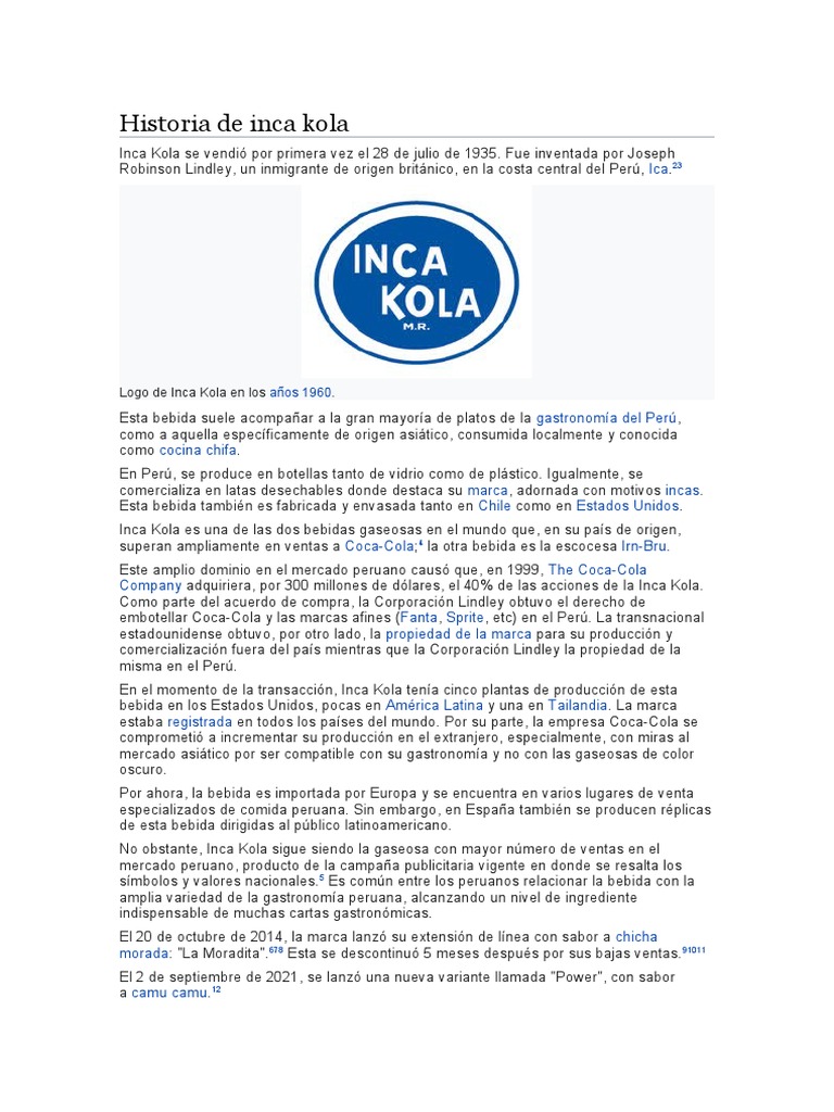 Historia de Inca Kola | Descargar gratis PDF | Refresco | Coca Cola