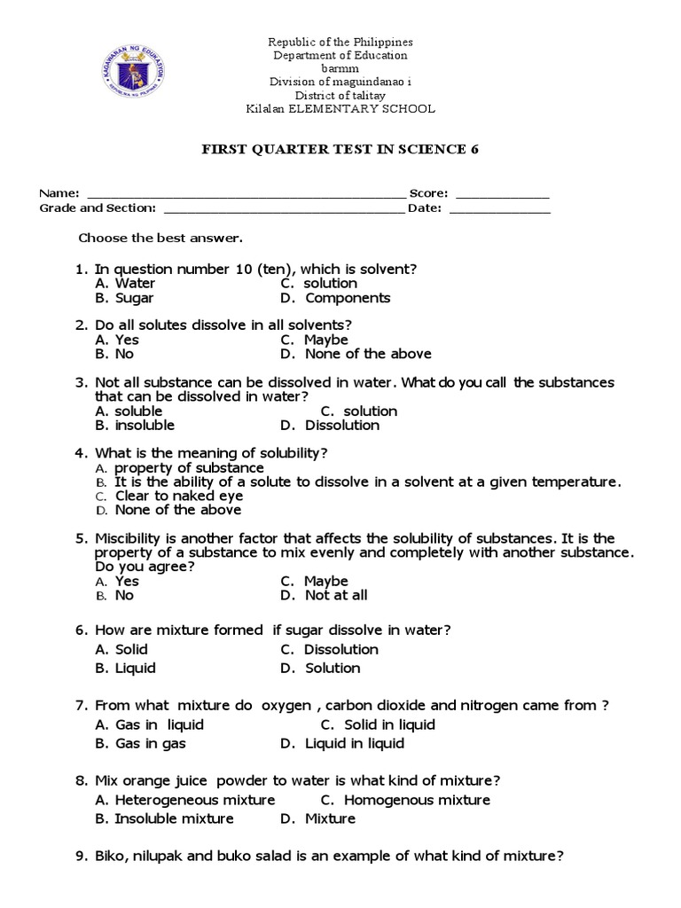 Science 6 First Quarter Exam | PDF | Mixture | Solubility