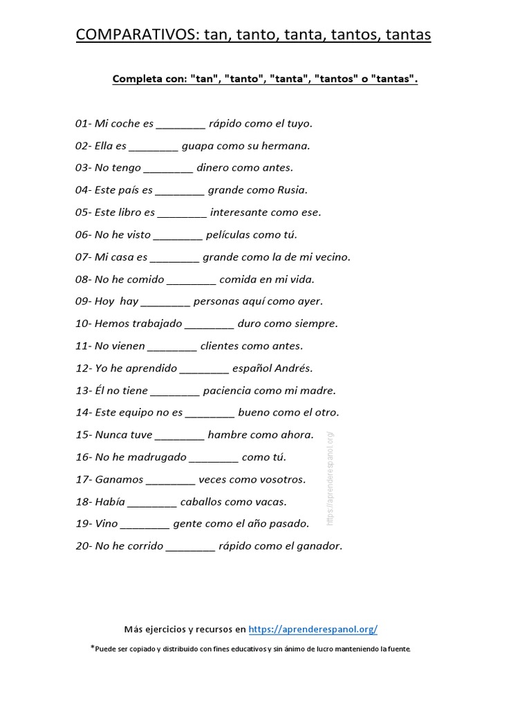 Ejercicios de comparativos en español | PDF