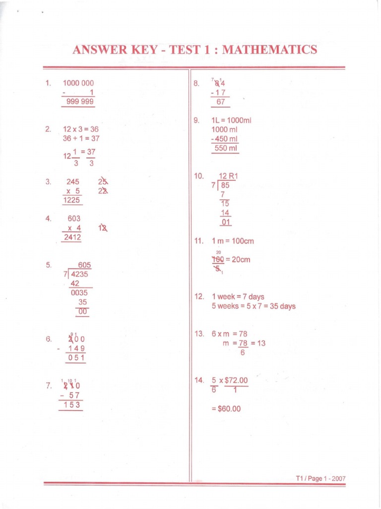 Answer Key - Test 1: Mathematics | PDF | Triangle | Area