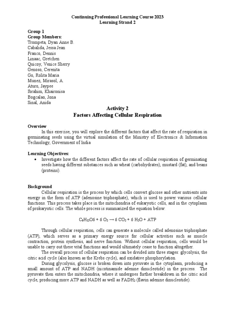 Cellular Respiration Activity Sheet. | PDF | Cellular Respiration ...