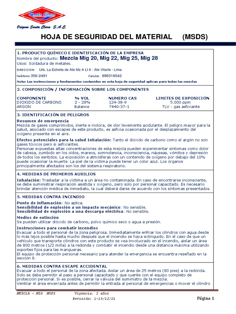 Hoja de Seguridad Del Material (MSDS) : Mezcla Mig 20, Mig 22, Mig 25 ...