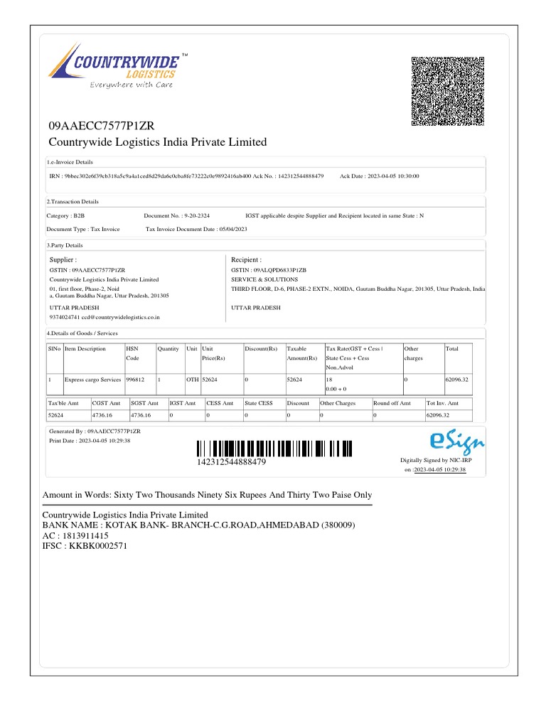 09AAECC7577P1ZR Countrywide Logistics India Private Limited: Supplier: Recipient | PDF | Invoice ...