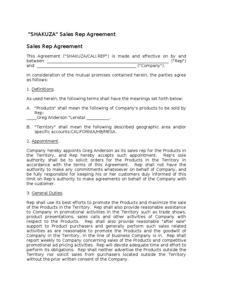 "SHAKUZA" Sales Rep Agreement Sales Rep Agreement | Download Free PDF ...