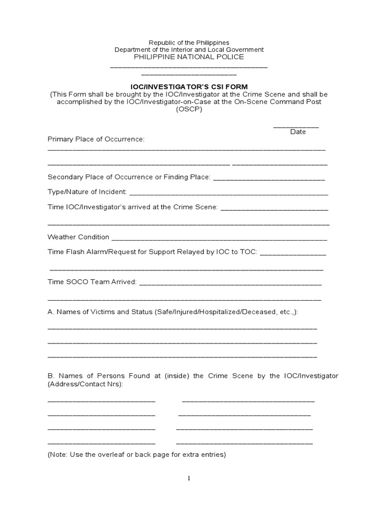 IOC Investigator's Crime Scene Form | PDF | Crime Scene | Criminal Law