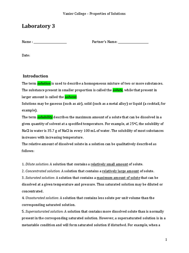 Properties of Solutions Lab Guide | PDF