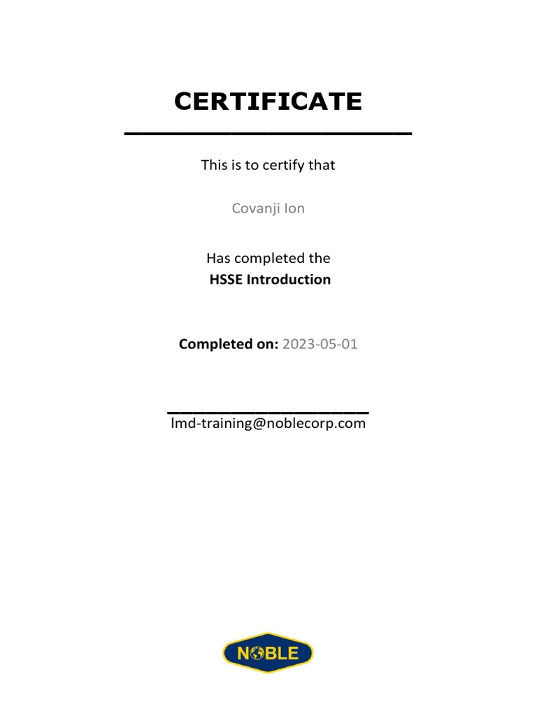 HSSE Introduction Certificate for Covanji Ion | PDF
