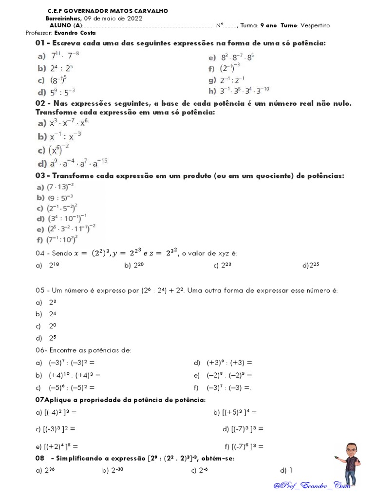 Atividades De Propriedades Das Potencias Pdf