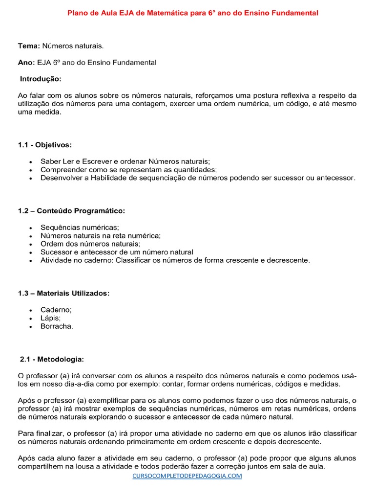 Plano de Aula EJA de Matematica para 6° Ano Do Ensino Fundamental | PDF