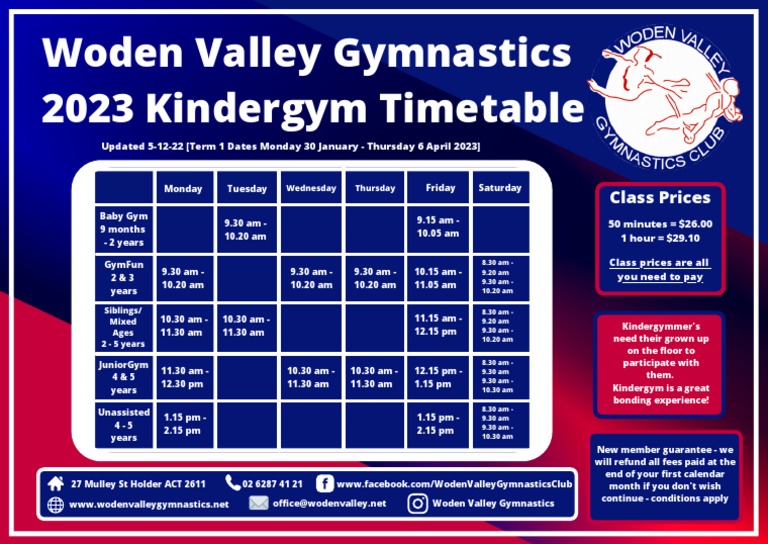 Kindergym Timetable 2022 Term 1, 2023 | PDF