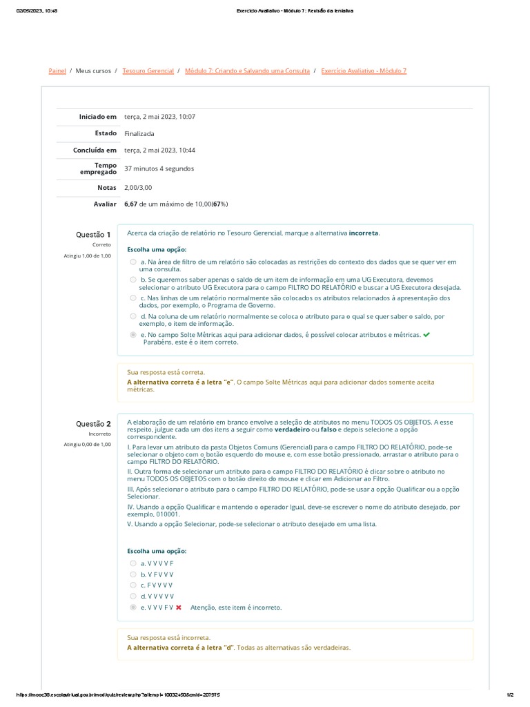 Exercício Avaliativo - Módulo 7 - Revisão Da Tentativa | PDF | Informática