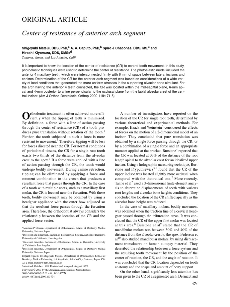 Center of Resistance of Anterior Arch Segment | PDF | Tooth | Orthodontics