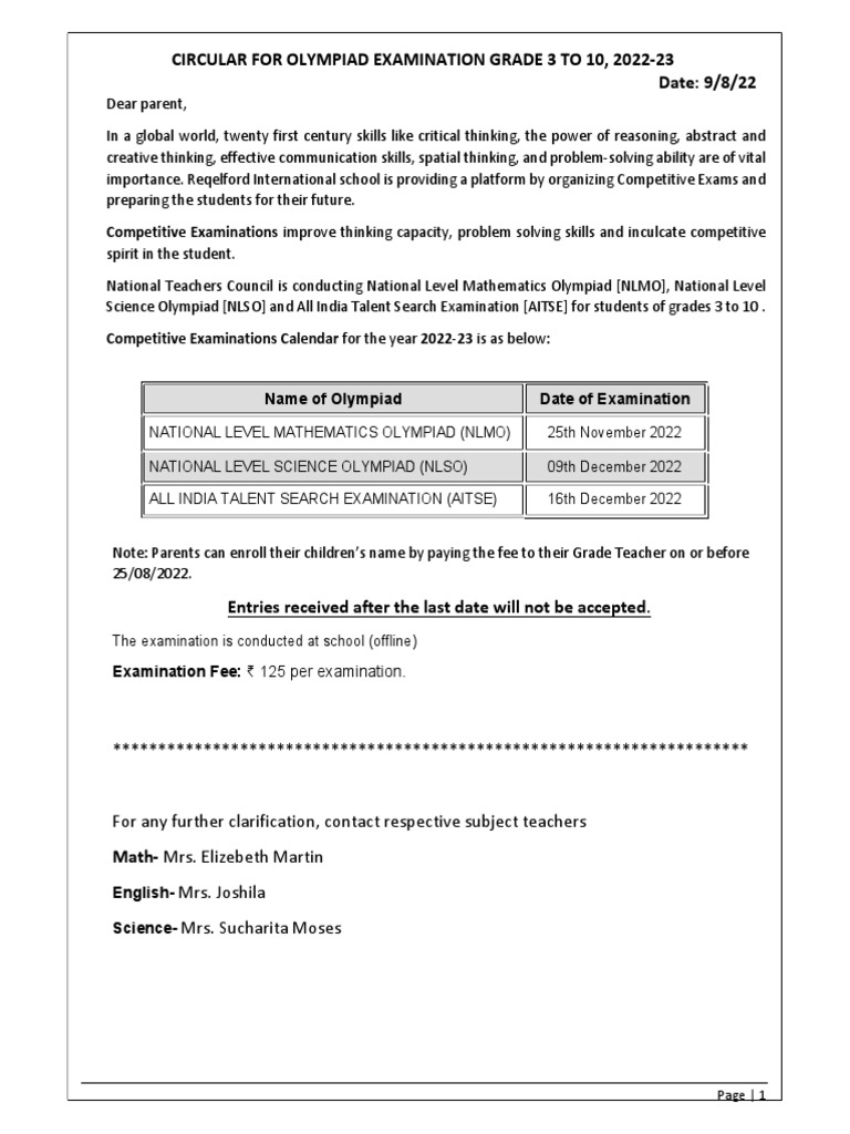 Olympiad Exam Circular 2022-23 | PDF | Art