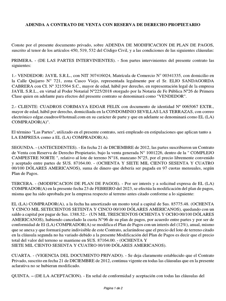 Modificación Plan de Pagos Jayil S.R.L. | PDF