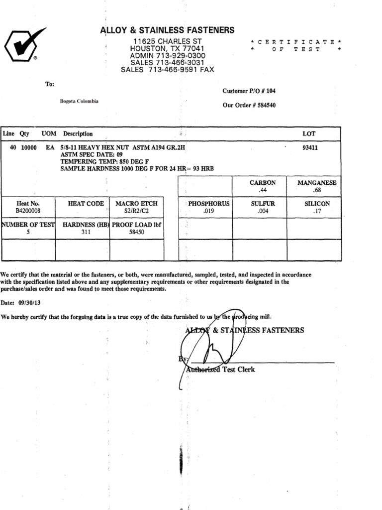 Tuerca Hexagonal 58 ASTM A-194 2H B4200008 | PDF