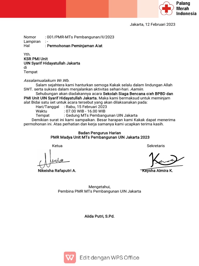 Surat Peminjaman Alat PMR | PDF