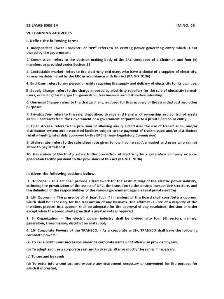 EE LAWS-BSEE 3A KEY TERMS | PDF | Electric Power Transmission ...