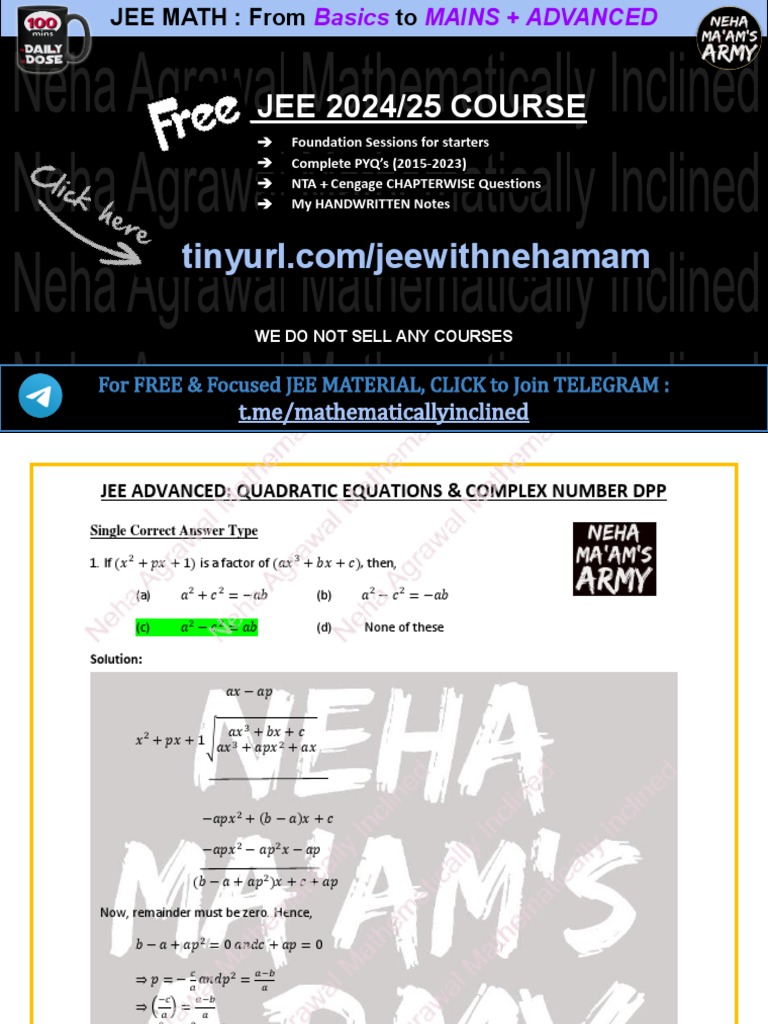 JEE Advanced Math: Quadratics & Complex Numbers | PDF | Equations ...