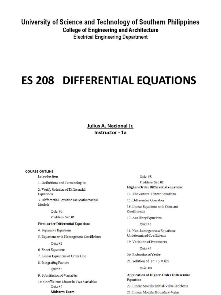 Es 208 Differential Equations: University of Science and Technology of ...