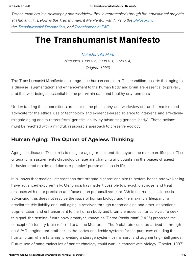 Vita-More - The Transhumanist Manifesto - Humanity+ | PDF ...