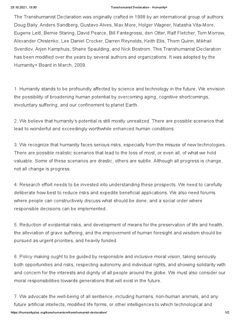 Transhumanist Declaration - Humanity+ | PDF | Transhumanism | Applied ...