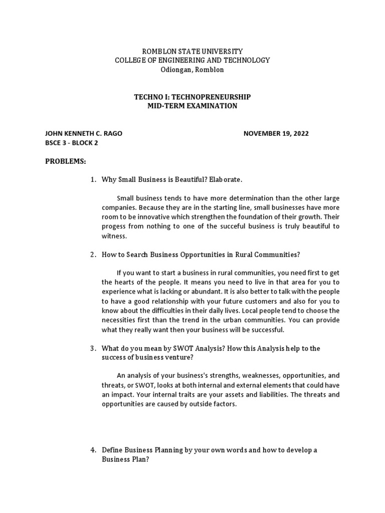 John Kenneth C. Rago - Techno - Midterm | PDF | Swot Analysis | Cognition