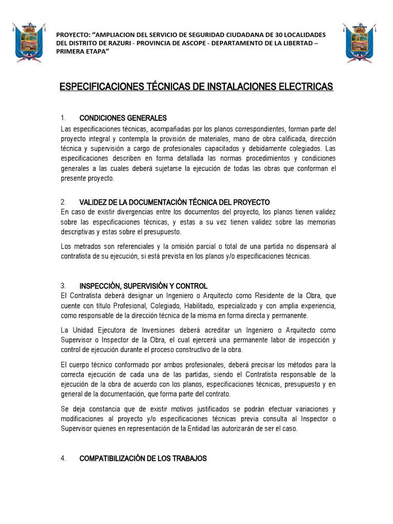 Especificaciones Técnicas de Instalaciones Electricas | PDF | Aislador (Electricidad) | Presupuesto